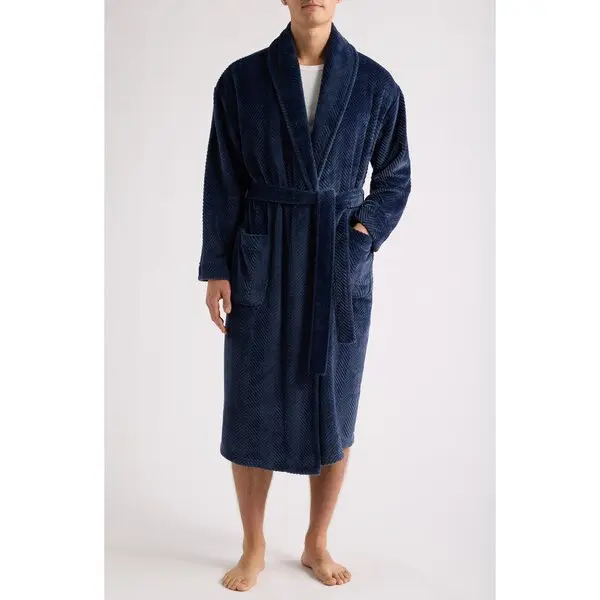 Majestic International Textured Plush Shawl Robe - Navy