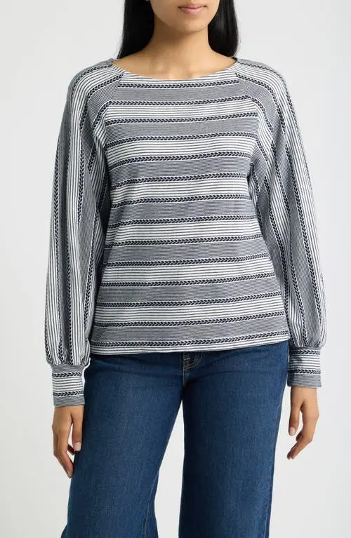 Bobeau Raglan Stripe Knit Top - Ivory/dk Navy