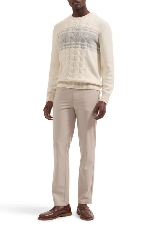 Bugatchi Cable Knit Wool & Cotton Sweater With Striped Chest - Ivory
