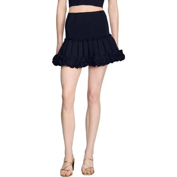 Sandro Short Ribbed Knit Flared Skirt With Flower Embellishments - Black