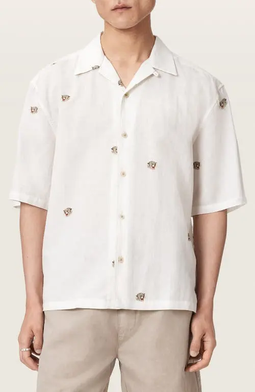 ALLSAINTS Feline Embroidered Linen & Cotton Camp Shirt - Ecru