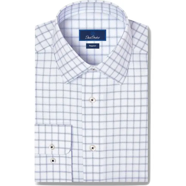 David Donahue Regular Fit Windowpane Check Dress Shirt - White/navy