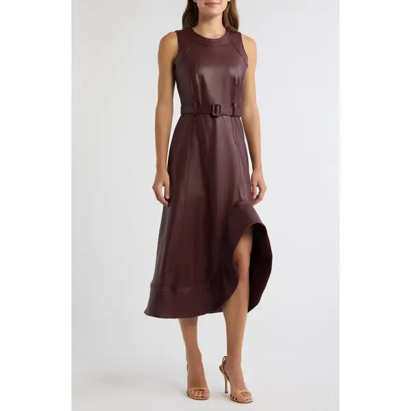 Anne Klein Asymmetrical Hem Faux Leather A-line Midi Dress - Barolo