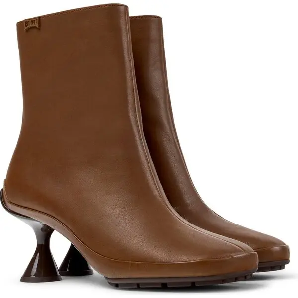 Camper Right Left Sculptural Heel Leather Bootie - Medium Brown