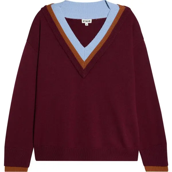 Staud Norman Contrast Detail V-neck Merino Wool Sweater - Pinot Multi