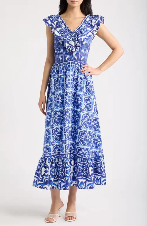 LAYERED WITH LOVE Alessandra Tile Print Maxi Dress - Blue Tile