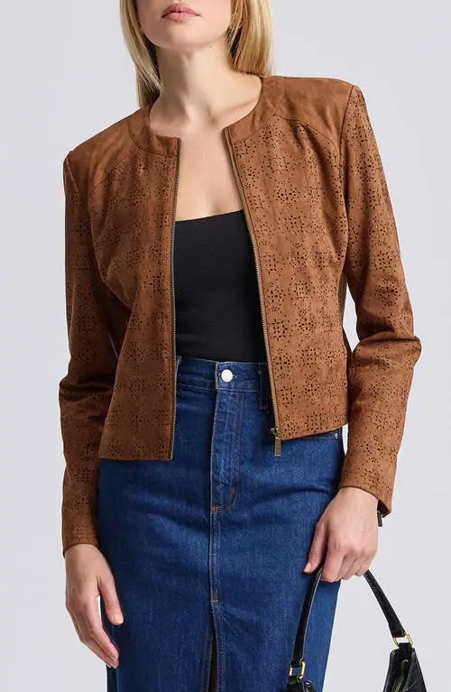 Bagatelle Faux Suede Zip Front Jacket - Saddle