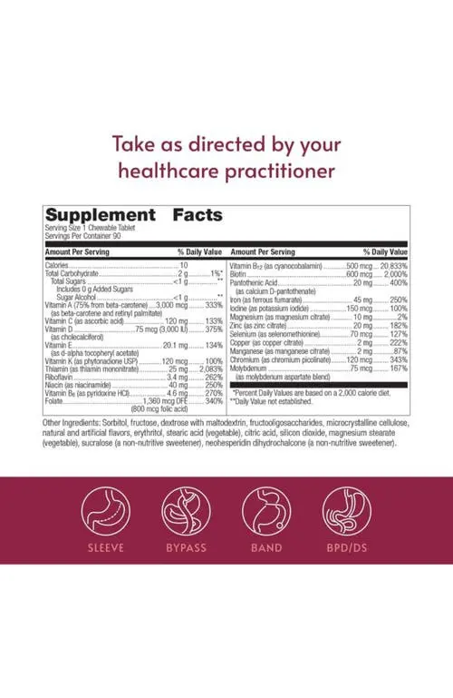 BARIATRIC ADVANTAGE Chewable Ultra Solo Iron Once-per-day Daily Multivitamin Tablets 90 Tablets