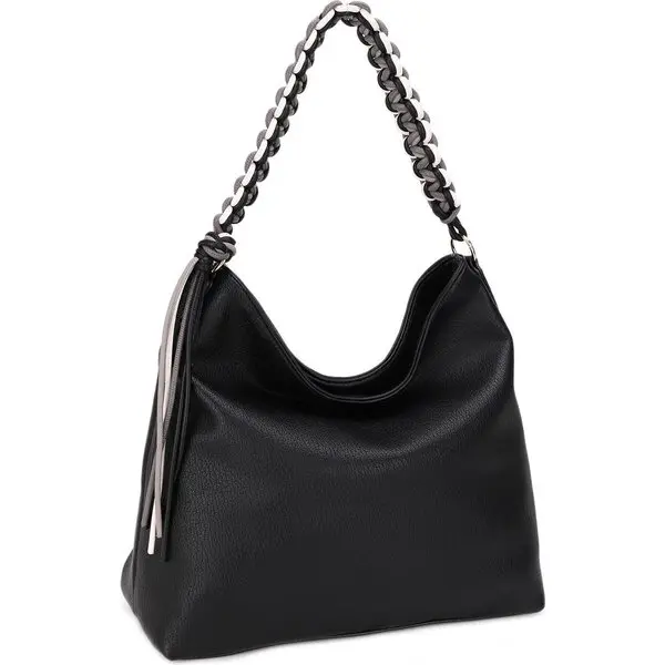 MALI + LILI Bree Braided Handle Large Faux Leather Hobo - Black