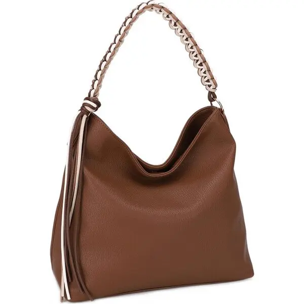 MALI + LILI Bree Braided Handle Large Faux Leather Hobo - Chocolate