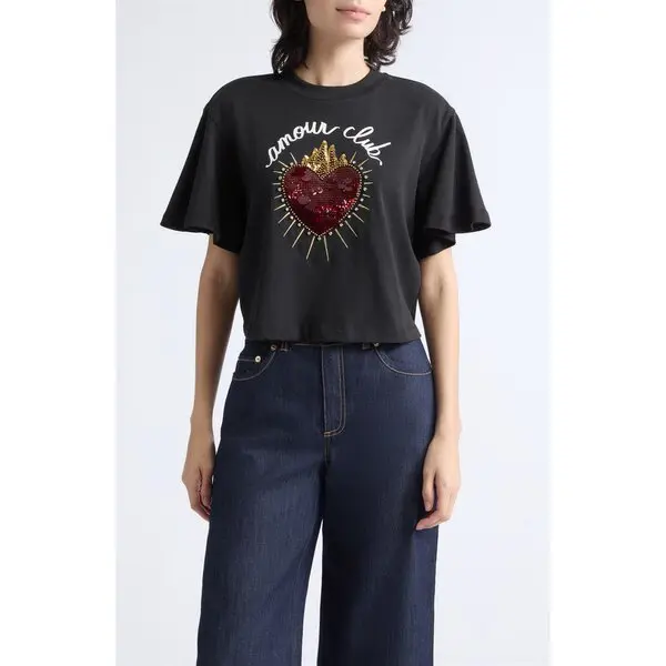 Cinq À Sept Orsa Flutter Sleeve Sequined Heart Graphic T-shirt