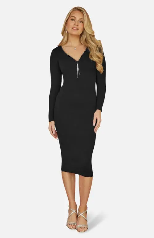 YUMI Ribbed Zip-neckline Fitted Midi Dress - Black