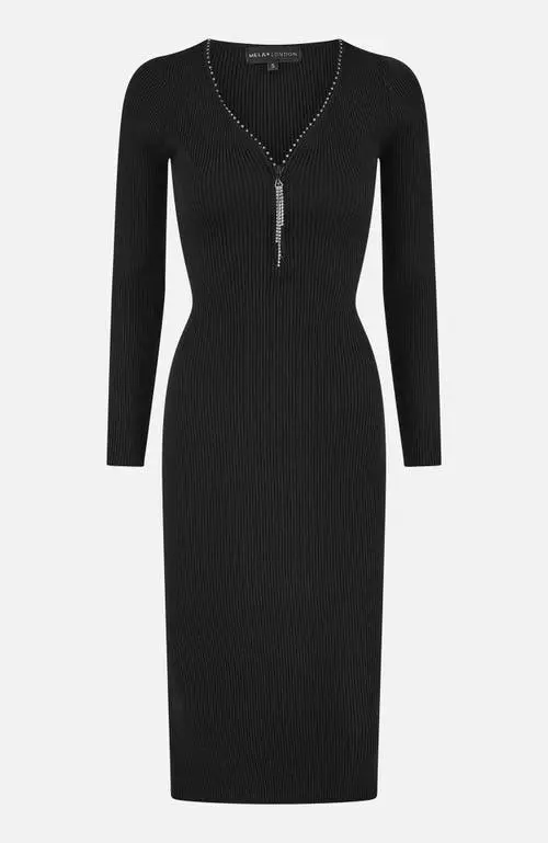 YUMI Ribbed Zip-neckline Fitted Midi Dress