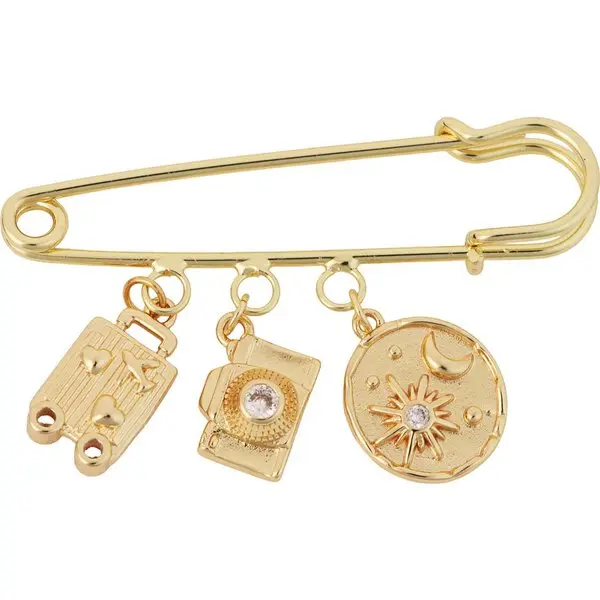 PANACEA Travel Safety Pin Brooch With Suitcase, Camera, And Celestial Coin Charms - Gold