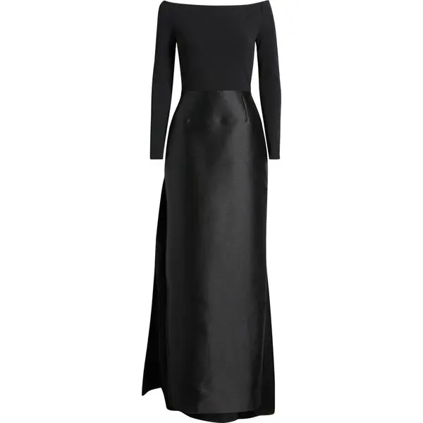 Solace London Winslow Off The Shoulder Long Sleeve Crepe & Satin Gown - Black