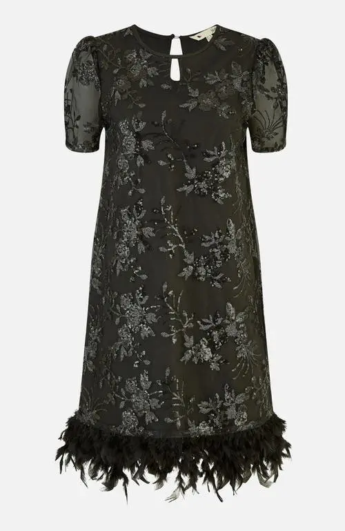 YUMI Sequin Embellished Floral Tunic Dress With Feather Trim