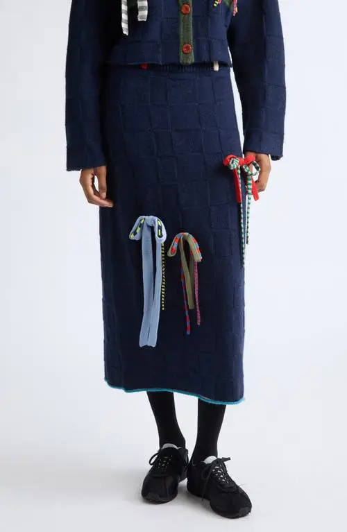 YANYAN Multicolored Bows Lambswool & Cotton Midi Skirt - Navy