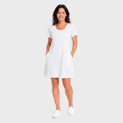 CITY THREADS USA-MADE Soft 100% Supima Cotton T-shirt Pocket Cover-up Dress - White