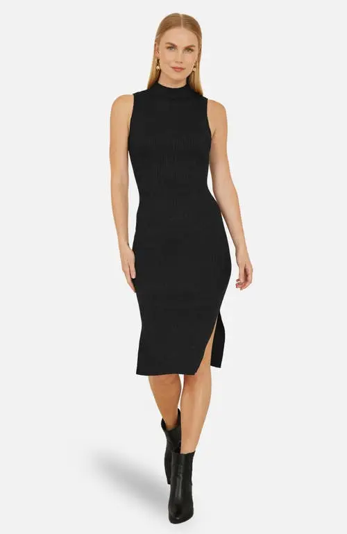 YUMI Fitted Side-slit High-neck Midi Dress - Black
