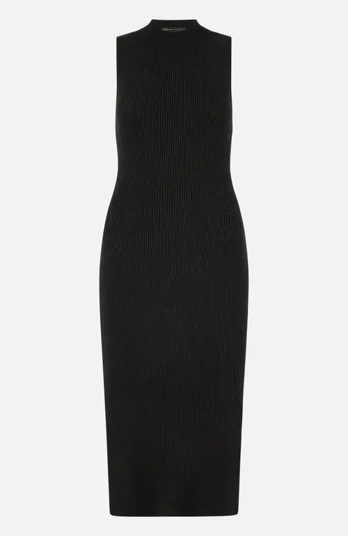 YUMI Fitted Side-slit High-neck Midi Dress