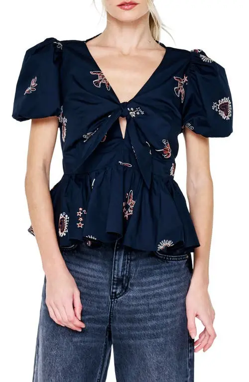 CIEBON Liyana Embroidered Tie Front Peplum Top - Black
