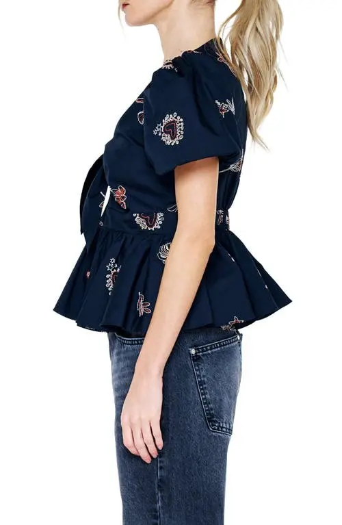 CIEBON Liyana Embroidered Tie Front Peplum Top