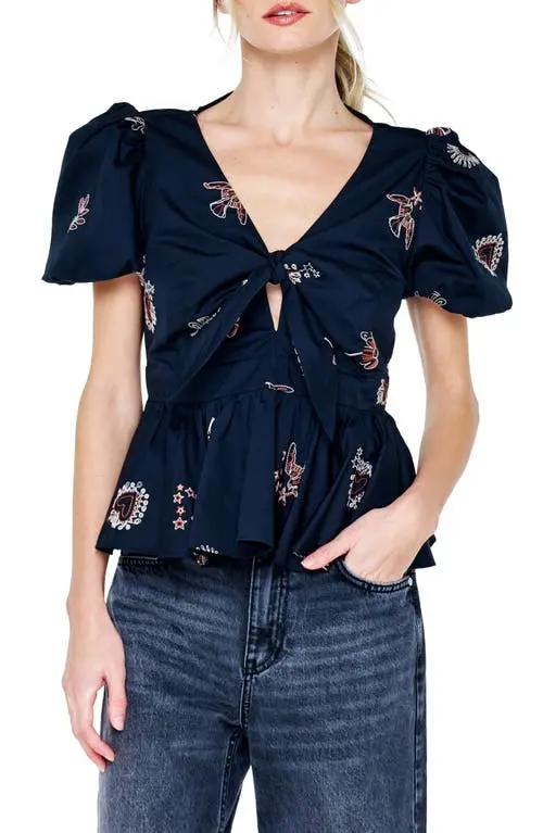 CIEBON Liyana Embroidered Tie Front Peplum Top