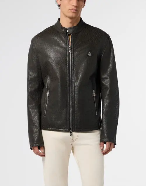 BILLIONAIRE Perforated Leather Moto Jacket