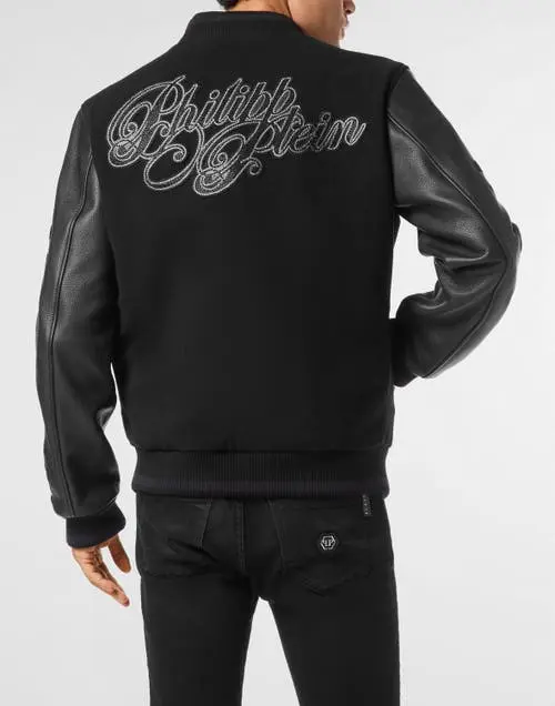 Philipp Plein Wool &amp; Leather Varsity Bomber Jacket Patches Stones