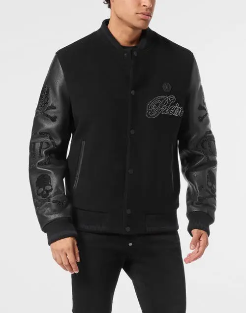 Philipp Plein Wool & Leather Varsity Bomber Jacket With Stones And Patches - Black