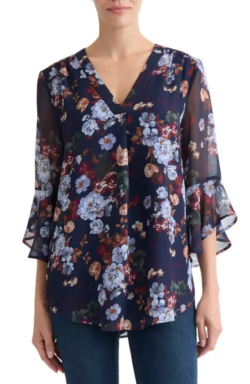 Jones New York Petite Floral Flutter Sleeve Top - Pacific Navy Multi