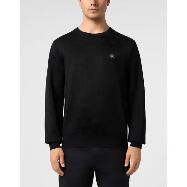 Philipp Plein Merino Wool Round Neck Pullover Monogram
