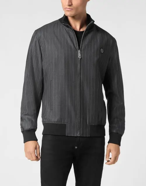 Philipp Plein Wool Pinstripe Bomber Ls - Grey