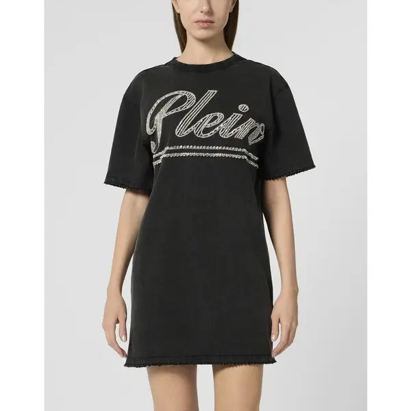Philipp Plein Open Back T-shirt Dress Strass Signature - Black