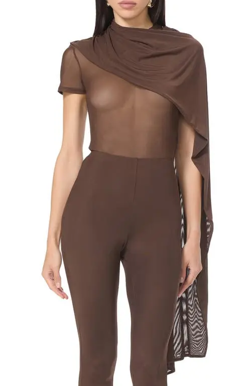 AFRM Fiona Asymmetrical Scarf Detail Mesh Top - Espresso