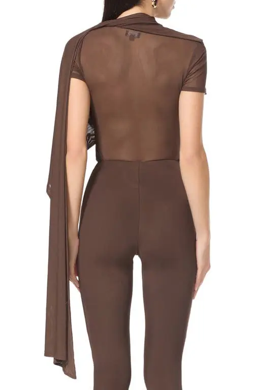 AFRM Fiona Asymmetrical Scarf Detail Mesh Top - Espresso