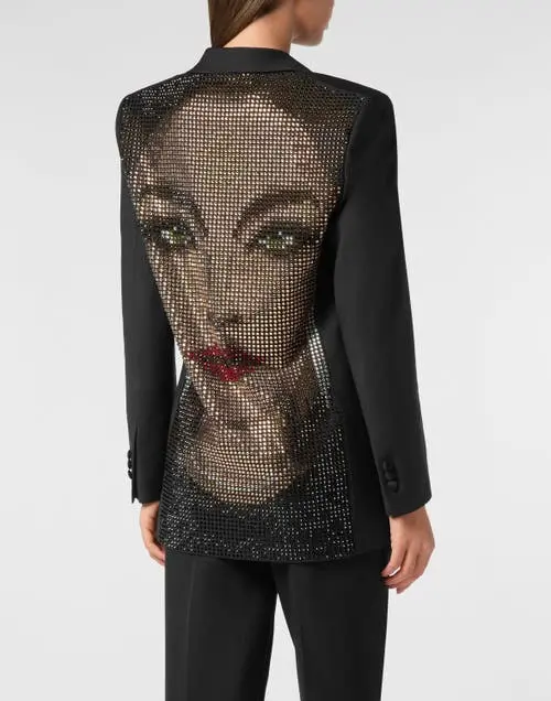 Philipp Plein Wool Blazer Boyfriend Fit Face Strass