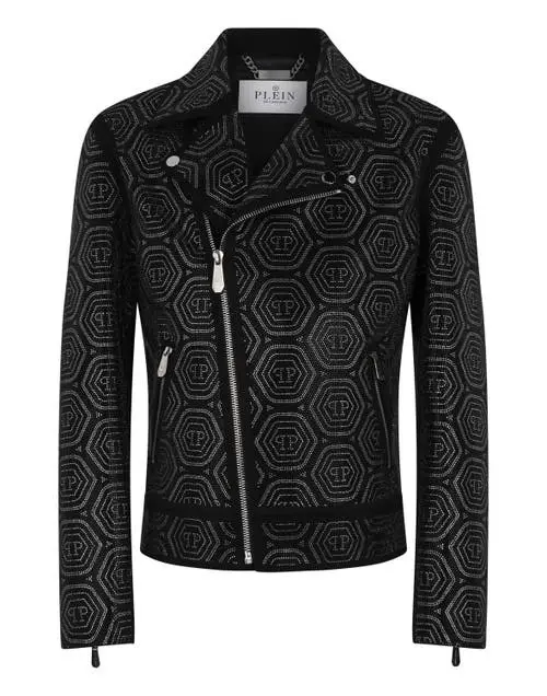 Philipp Plein Suede Biker Jacket Monogram Stones - Black