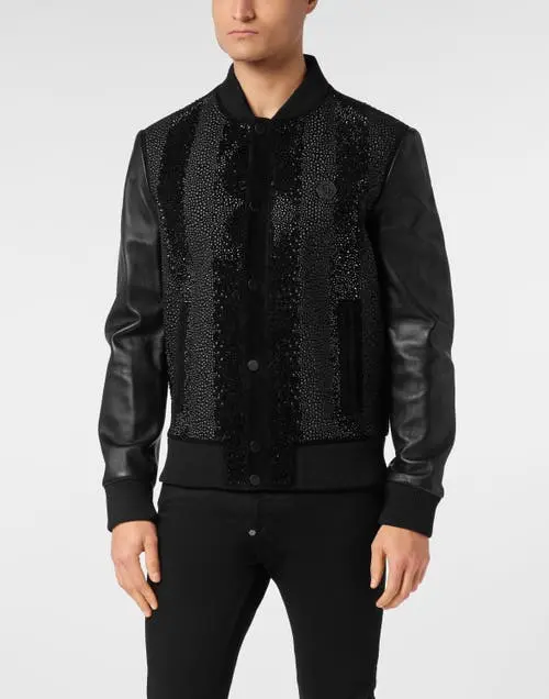 Philipp Plein Suede Bomber Jacket Ls Strass - Black