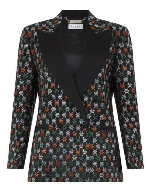 Philipp Plein Double Breasted Marine Fit Blazer Monogram Strass