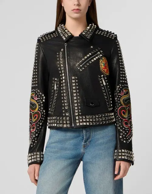 Philipp Plein Boxy Fit Biker Jacket Studs &amp; Patches