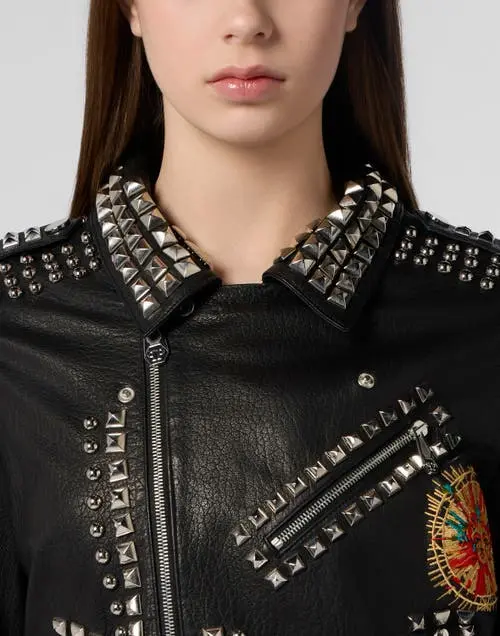 Philipp Plein Boxy Fit Biker Jacket Studs &amp; Patches