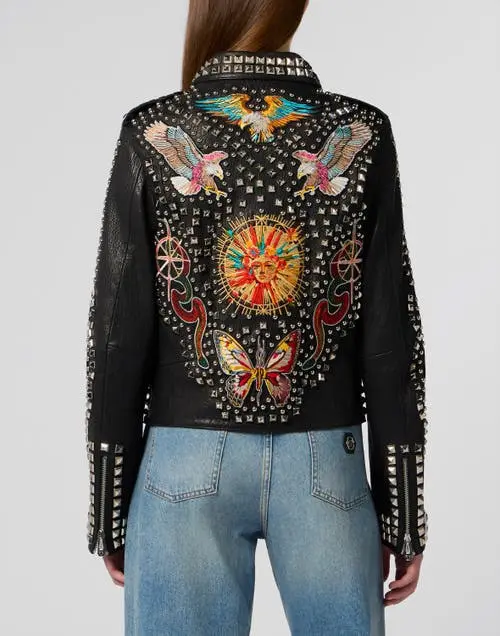 Philipp Plein Boxy Fit Biker Jacket Studs &amp; Patches