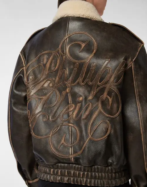 Philipp Plein Leather Aviator Bomber Jacket With Fur Collar And Embroidered Signature