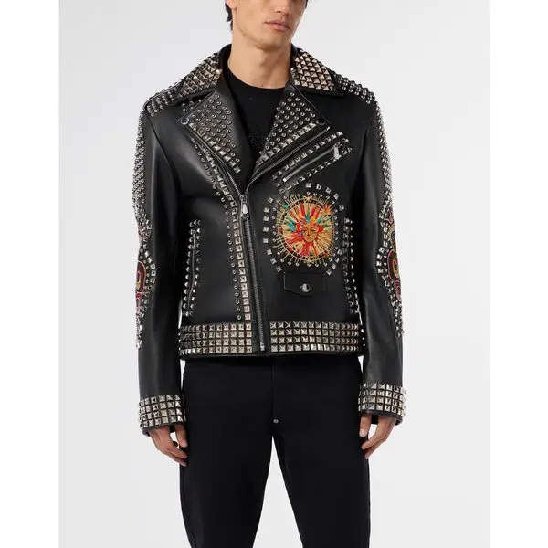 Philipp Plein Vintage Leather Biker Jacket Studs &amp; Patches - Black