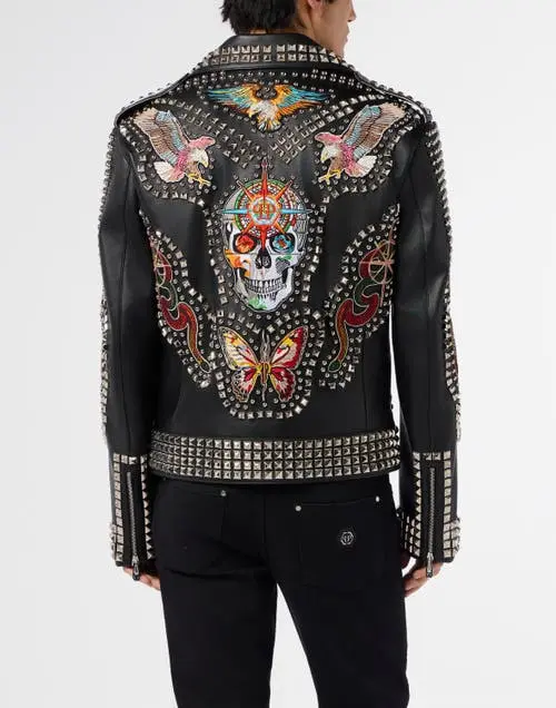 Philipp Plein Vintage Leather Biker Jacket Studs &amp; Patches