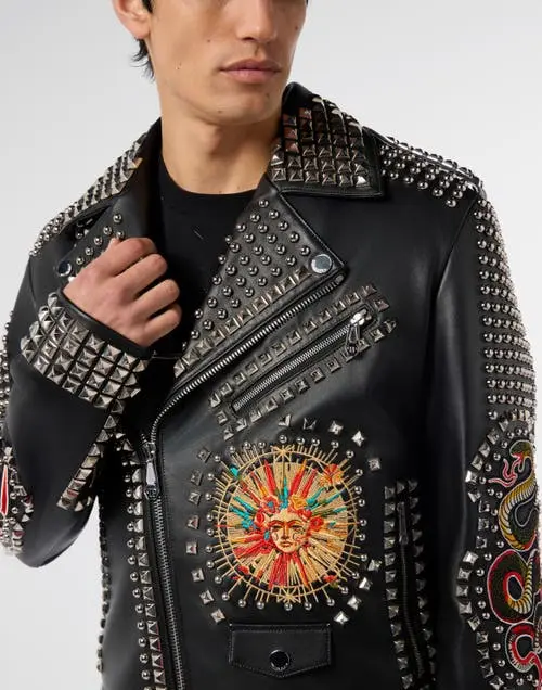 Philipp Plein Studded & Embroidered Leather Biker Jacket