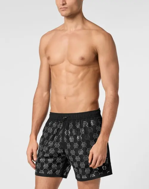 Philipp Plein Beachwear Short Trousers Crystal - Black/silver