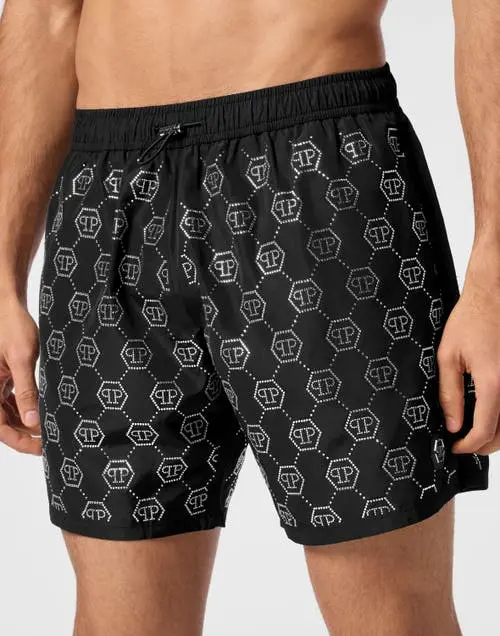 Philipp Plein Beachwear Short Trousers Crystal - Black/silver