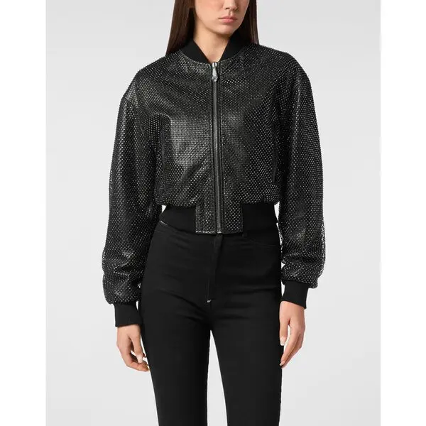 Philipp Plein Leather Crop Bomber Crystal